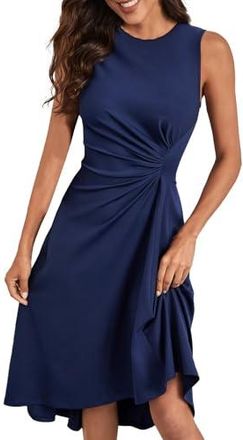 Generic Robe d&eacute;t&eacute; sans manches pour femme - Taille trap&egrave;ze - Robe mi-longue courte pour femme, bleu fonc&eacute;, XL