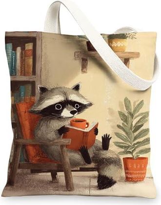 Generic Sacs fourre-tout en toile raton laveur, motif animal mignon, sacs de courses réutilisables, design fantaisie, confortable, léger et lavable, beige, 13