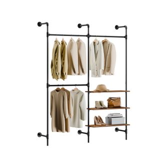 SoBuy wandmontierter Kleiderst&auml;nder, festes Rohr-Kleiderregal mit 3 Kleiderstangen & 3 MDF-Ablagen, schwerlast platzsparender offener Kleiderschrank, Indust