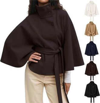 Generic Ponchos à manches chauve-souris pour femme, manteau en laine mélangée, surdimensionné, court, élégant, col montant, vêtements dextérieur avec ceinture
