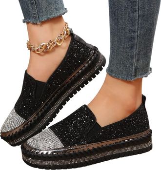 Minetom Sneakers Damen Pailletten Slip-On Sneakers Weiche Wanderschuhe Flache Strass Glitzer Canvas Loafer Mit Gummisohle Freizeitschuhe A Schwarz 41 EU