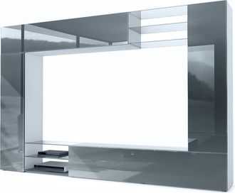 Vladon Wohnwand Mirage, Made in Germany, Anbauwand mit Rückwand mit 2 Türen, 2 Klappen und 6 offenen Glasablagen, Weiß matt/Grau Hochglanz (262 x 183 x 39 cm