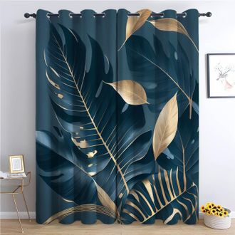 Generic Vorhang Blickdicht Blaue Blätter B140 x H245 cm Gardinen Thermovorhang mit Ösen Verdunklungsvorhänge Ösenschal 2er Set, für Büros Wohnzimmer Schlafzim