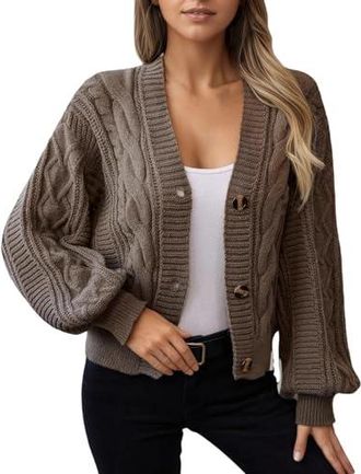 Generico Cardigan court pour femme uni vintage avec col en V pour femme, Caf&eacute;, XL