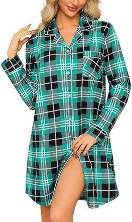 Mia Lucce Chemise de nuit pour femme avec flanelle, chemise de nuit avec boutonnière et plaid, chemise de nuit longue pour femme, Vert., XXL