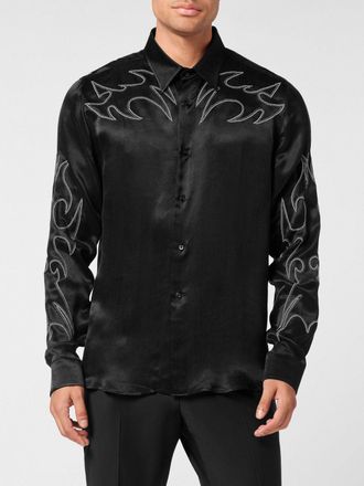 Philipp Plein Slim Fit Seidenhemd mit Flammen-Print und Strasssteinen