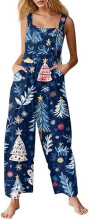 Generic Combinaison de Noël pour femme - Imprimé Père Noël - Tunique longue - Taille haute - Coupe ajustée - Jambe large - Combinaison une pièce avec poches, 