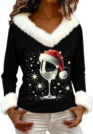 Generic Sweats de No&euml;l &agrave; col en V en Fausse Fourrure pour Femme, Chemisiers dhiver d&eacute;contract&eacute;s Confortables et Chauds avec col en Peluche imprim&eacute; P&egrave;re No&euml;l &agrave;