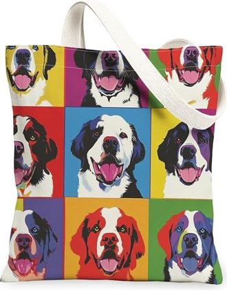 Generic Pop Art Sac fourre-tout en toile motif chien Saint-Bernard 33 x 38,1 cm, motif chiot abstrait amusant et amusant, sac d&eacute;picerie r&eacute;utilisable pour femm