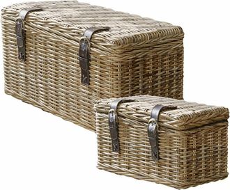 Loberon Truhe 2er Set Darill, traditionell von Hand gefertigt, Zwei Größen, Ordnungshelfer, Aufbewahrung, Mahagoniholz, Rattan, Rindsleder, braun