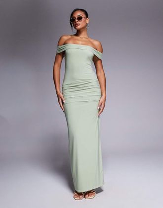 KAIIA Exclusive - Anschmiegsames, doppellagiges Maxikleid in Salbeigr&uuml;n mit Bardot-Ausschnitt und drapierter Taillenpartie-Marineblau