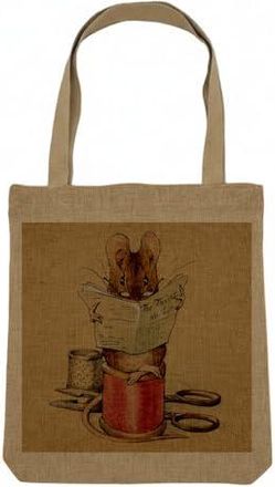Fabulous Sac Shopping Tote Bag Aspect Lin - Souris Couturier Illustration Enfant Beatrice Potter - Sac de Courses Toile Epaisse 360g Beige Naturel Cabas Port&eacute; 