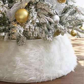 Generic Jupe de sapin de No&euml;l - Protection en peluche pour tronc de sapin de No&euml;l - Couverture blanche en peluche avec noeud - Diam&egrave;tre de la base : 72 cm (55