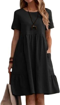 Onsoyours Femme Coton Robe Ete à Manche Courte Robe Tunique Chic col Rond Couleur Unie Boho Robe Maxi Longue Plage Robe avec Poches F Noir XL