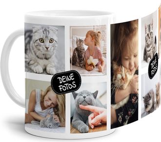 Tassendruck Foto-Tasse zum selbst gestalten mit Foto-Collage für 8 Wunschfotos - Geschenk für Familie, Freunde, Geburtstag, Weihnachten - Keramik Weiß, 300 ml I P