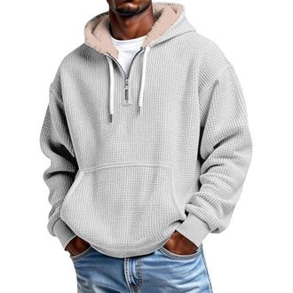 Generic Sweat &agrave; capuche pour homme avec fermeture &eacute;clair 1/4 - Confortable - Manches longues - Pull dext&eacute;rieur - Couleur unie - Pull en tricot - Haut d&eacute;contra