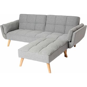 Hhg Schlafsofa 546 mit Ottomane, Couch Sofa G&auml;stebett, Schlaffunktion 218x175cm Stoff/Textil hellgrau