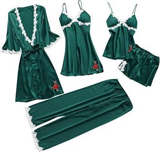 Generic Pyjama en satin vert 5 pi&egrave;ces pour femme - Pyjama kimono en soie - V&ecirc;tement de nuit soyeux 5 pi&egrave;ces - Ensemble de v&ecirc;tements de d&eacute;tente grande taille -