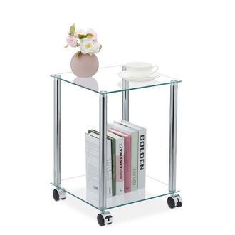 Relaxdays Relaxdays - Table dappoint avec roulettes, 2 supports, carrée, salon, verre er acier, table basse, transparente/argentée