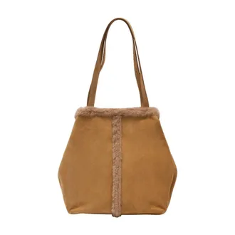 Vanessa Bruno Shearling-Trimmed Calfskin Tote Bag - Brown