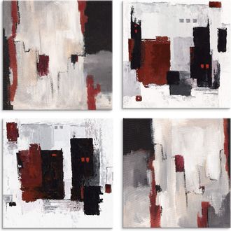Artland Wanddeko Leinwand Bilder auf Holz Wandbild Bild Set 4 teilig je 30x30 cm Abstrakte Kunst Malerei Modern Abstrakt Art Skandinavisch Rot Grau U1OD