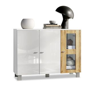 Vladon Sideboard Denjo, Made in Germany, Kommode mit 3 T&uuml;ren, Wei&szlig; matt/Wei&szlig; Hochglanz/Eiche Natur (107 x 81 x 35 cm)