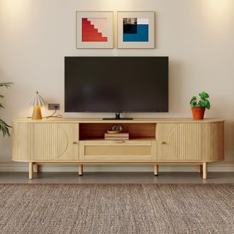 Generic TV Schrank holzoptik Natur 175 cm Lowboard mit Rattanschublade Kabelmanagement geschwungene T&uuml;ren Fernsehtisch f&uuml;r bis 75 Zoll Landhausstil Wohnzimmer