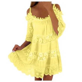 Generic 2026 Jupe de gâteau à volants à épaules dénudées en dentelle à manches flottantes Mode unie, jaune, 4XL