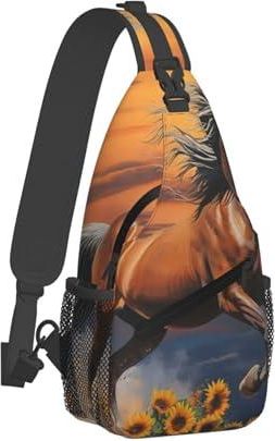 Generic Durable Sacoche Tactique Imprim&eacute; de chevaux au coucher du soleil et de tournesols Sacs &agrave; Bandouli&egrave;re L&eacute;ger Sac DEpaule pour Camping &eacute;cole Homme