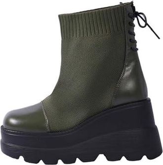 Generic Bottines compens&eacute;es en tricot extensible &agrave; bout rond pour femme - Couleur unie - Semelle &eacute;paisse - &Agrave; lacets - Classique - Pour f&ecirc;te en plein air, vert