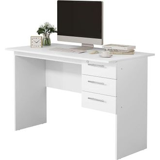 Woltu Woltu - Table de Bureau Bureau dordinateur, Table de Travail pc avec 3 tiroirs et verrou, 120x59x75cm, Blanc