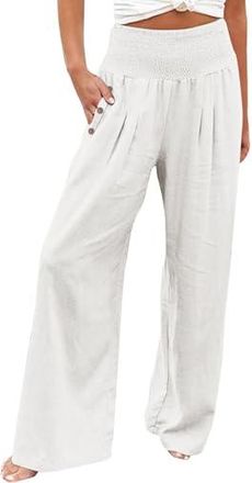 Generic Pantalon en lin pour femme - Pantalon d&eacute;t&eacute; d&eacute;contract&eacute; &eacute;lastique taille haute - Pantalon de plage tendance avec poches - Pantalon d&eacute;contract&eacute; pour fem