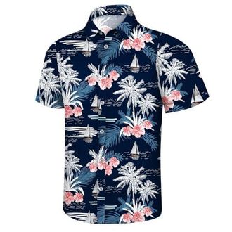 Generic Chemise hawa&iuml;enne &agrave; manches courtes pour homme - Sans plis - Boutonn&eacute;e - &Eacute;vacuation de lhumidit&eacute; - S&eacute;chage rapide - Imprim&eacute; d&eacute;contract&eacute; - Haut color&eacute; 