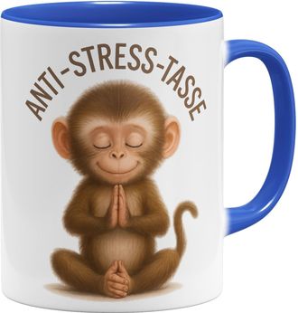 OM3 &Auml;ffchen Anti-Stress KAffe-Tasse mit Spruch - lustige Keramiktasse Namaste-Motiv - Meditation Affe - Keramik Becher - 325ml - Beidseitig Bedruckt - Bla