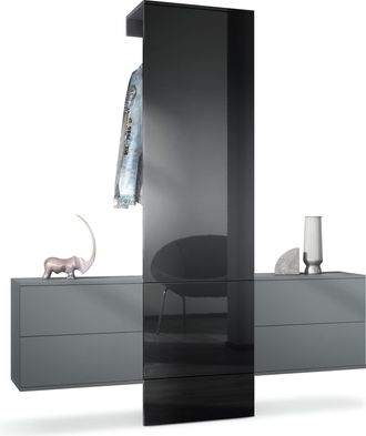 Vladon Garderobe Carlton Set 3, Made in Germany, Wandgarderobe aus Flur-Paneel & 2 Schubladen-Kommoden, Anthrazit matt/Schwarz Hochglanz (157 x 193 x 35 cm)