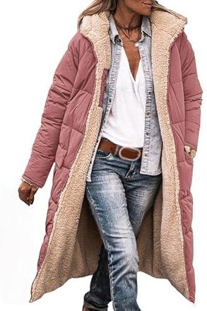 Generic Manteaux dhiver pour femmes, vestes longues doubl&eacute;es en polaire, vestes doubl&eacute;es en sherpa tendance 2025 avec capuche, parka r&eacute;versible et poches chau