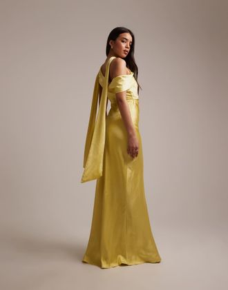 Six Stories Brautjungfern-Satin-Maxikleid mit Drapierung und One-Shoulder-Tr&auml;ger in Gelb-Gr&uuml;n