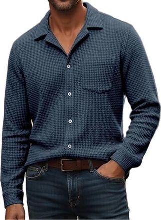 Generic Chemise gaufrée boutonnée décontractée à manches longues et poches à rabat pour homme, bleu marine, 3XL