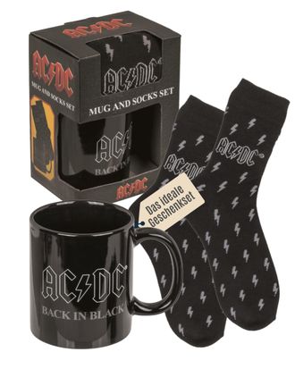Out of the Blue Geschenkset AC/DC Back in Black Becher & Socken - Steingut-Kaffeebecher 315 ml & Komfort-Socken in Gr. 41-45- stylisches Geschenk-Bundle f&uuml;r Fans - pr