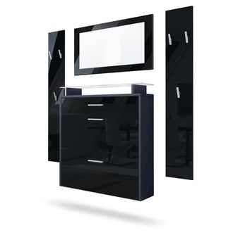 Vladon Garderobe Malea, Garderobenset bestehend aus 1 Hängeschuhschrank, 1 Wandspiegel und 2 Garderobenpaneele, Anthrazit matt/Schwarz Hochglanz, inkl. LED-B