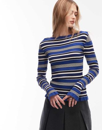 & Other Stories Lang&auml;rmliges, leichtes Strickoberteil in Blau gestreift mit R&uuml;schensaum