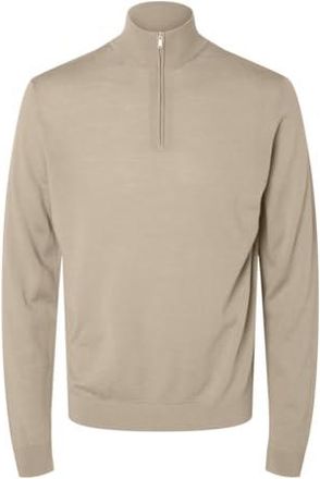Selected Pull Homme à Demi-Fermeture éclair 100% Laine mérinos, Beige, L