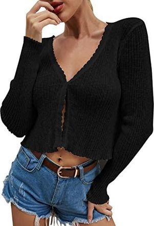 Generic Cardigan camouflage pour femme - Solide - Manches longues - Col rond classique - Pull à col roulé épais, Noir, S