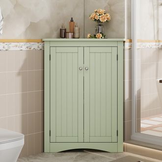 Generic Eckschrank Badezimmerschrank Gr&uuml;n 90 cm Badm&ouml;bel Stehend MDF Lackiert Platzsparende Eckkommode mit 2 T&uuml;ren & F&auml;chern Viel Stauraum f&uuml;r Bad, K&uuml;che & Wo
