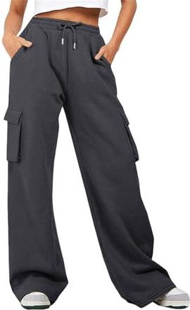 Generic Pantalon dhiver pour femme - Pantalon en velours c&ocirc;tel&eacute; pour femme - Grande taille - Pantalon large avec poches - Coupe ample unie - Pantalon avec bou