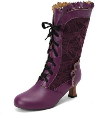 Generic Bottes Mi-Mollet Vintage Femme À Lacets avec Broderie Florale Bout Rond Talons Moyens Dessus en Cuir PU Durable À Enfiler Chaussures Soirée,Marron,37.