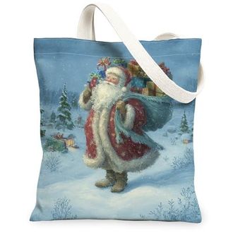 Generic Sacs fourre-tout en toile motif P&egrave;re No&euml;l, sacs &agrave; provisions r&eacute;utilisables, l&eacute;gers et lavables avec bandouli&egrave;re en toile, bleu, 13x15 Inch