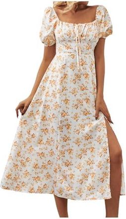 Generic Robes amincissantes d&eacute;t&eacute; 2026 pour femmes, imprim&eacute; floral, coupe ajust&eacute;e, col carr&eacute;, ourlet fendu, robe boh&egrave;me l&eacute;g&egrave;re, jaune, XXL