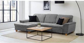 Modoform home24 Ecksofa Charlo Grau/Grau Flachgewebe Soan 279 x 81 x 164cm Longchair davorstehend links mit Schlaffunktion Natur