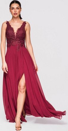 Ombre Abendkleid Abendkleid Maxikleid Spitze Elegant Bordeaux M (kein Set, 1-tlg) Transparente Elemente, Koronkowy Saum